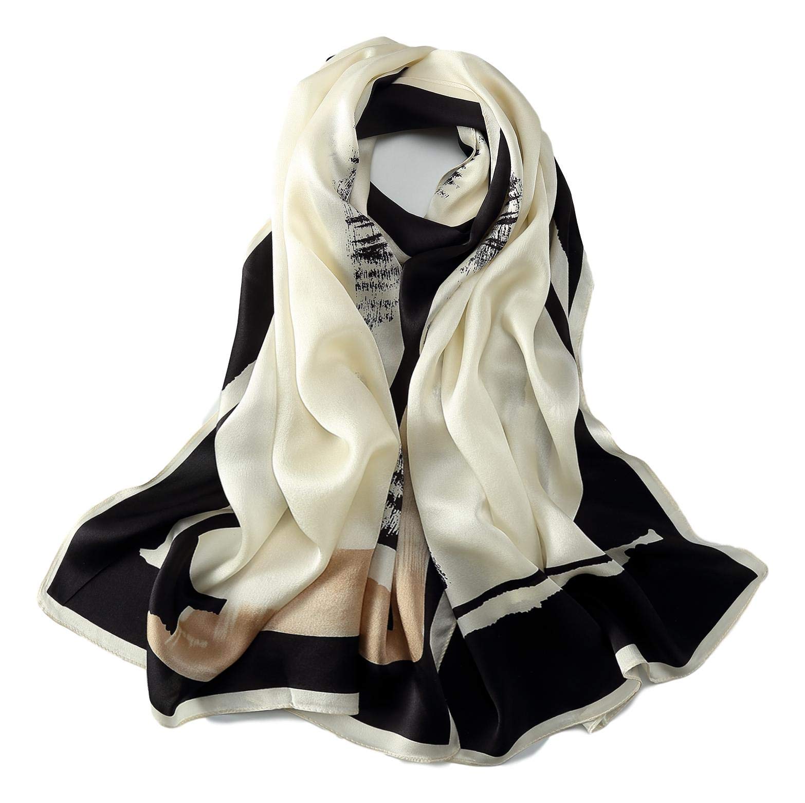 YangtzeStore Long Charmeuse Silk Scarf Floral and Graphic Print (Black White Abstract)
