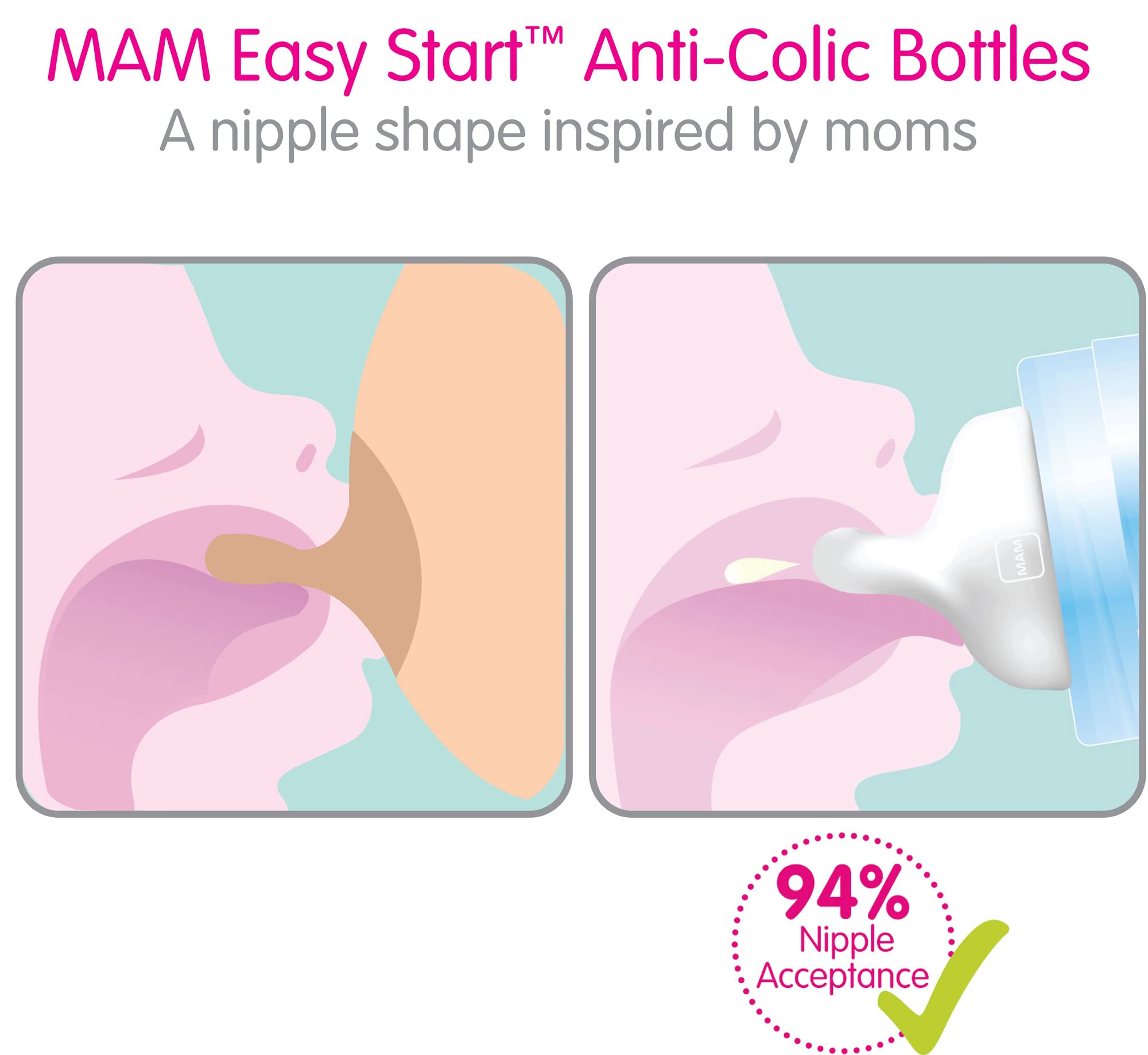 MAM Easy Start Anti-Colic Fast Flow Bottles, 11 oz. (4-Count), Easy Switch Between Breast and Bottle, Reduces Air Bubbles and Colic, 4+ Months, Matte/Girl