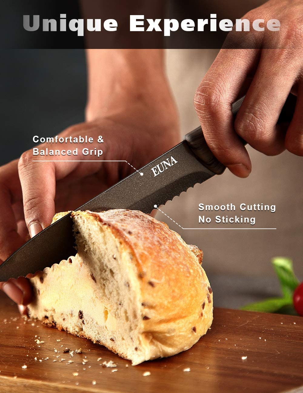 EUNA 5 Inch Bread Knife Ultra Sharp, Kitchen Knife with Sheath & Gift Box, Japanese Chef Knife for Multipurpose Cooking Professional, with PP Non-slip Handle & Non-sticking coating