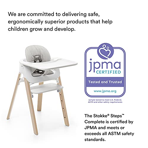 Stokke Steps Complete - Natural Legs, White Seat & Grey Cushion - 5-in-1 Seat System - Includes Baby Set, Tray & Cushion - for Babies 6-36 Months - Chair Holds Up to 187 lbs - Tool Free & Adjustable
