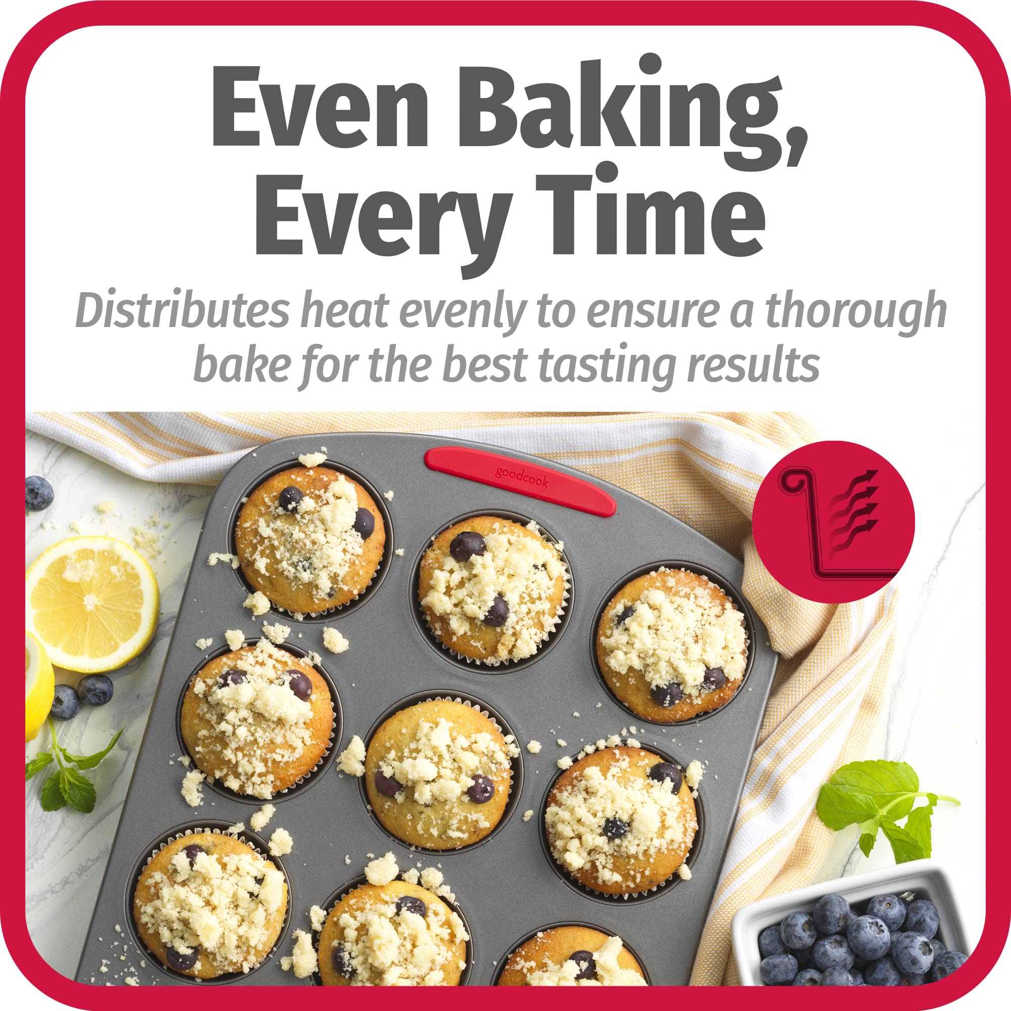 GoodCook MegaGrip 12-Cup Nonstick Steel Cupcake and Muffin Pan with Silicone Grip Handles, Gray
