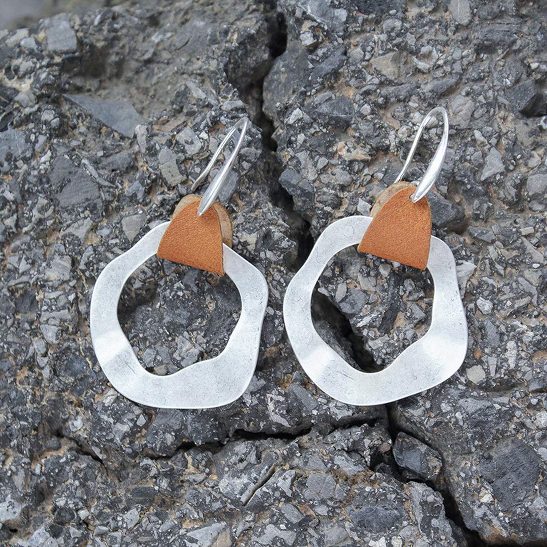 CrownUS Leather Hammered Earring Packs Boho for Women Ladies Silver Plated Irregular Geometric Dangle Drop Ear Jewelry
