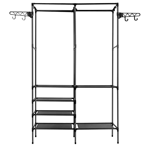 KOCASO Clothes Garment Rack 42.1"x14"x66.1", Metal Clothing Rack, Freestanding Wardrobe Closet Rack with 4 Shelves, Closet Organizer with 2 Hanging Rods Black