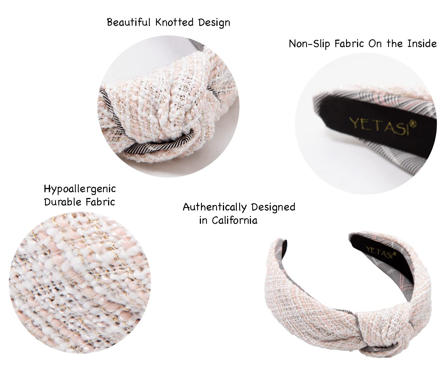 YETASI Tweed Off White Knotted Headband for Women with Hints of Pink and Gold Threading is Unique. White Headbands for Women with Knot