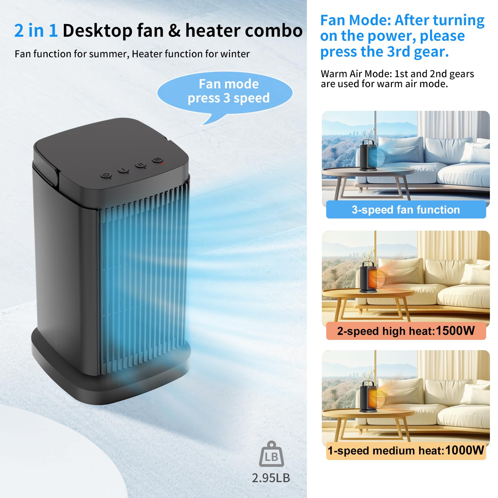 Space Heater and Desktop Cooling Fan Combo,Heater 1000W/1500W for Winter Use, Fan for Spring, Summer and Fall use, Dual Fan Blowing Silent for Office, Study, Desktop, Bedroom,and Other Uses.-Black
