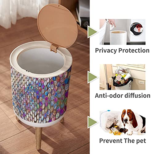 IBPNKFAZ89 Small Trash Can with Lid Round Purple Glass Garbage Bin Wood Waste Bin Press Cover Round Wastebasket for Bathroom Bedroom Kitchen 7L/1.8 Gallon