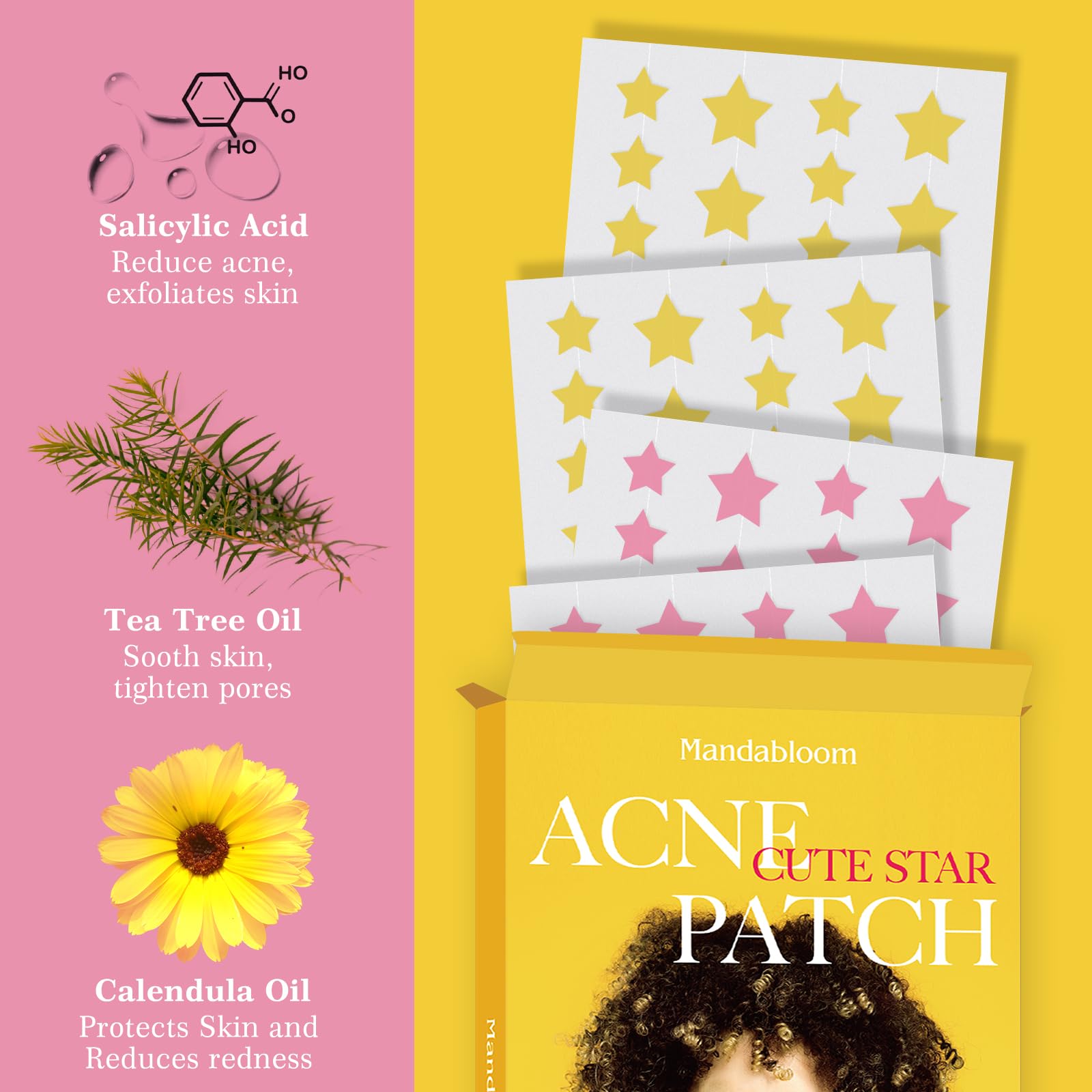 Mandabloom Acne Patches Pimple Patches, Pink & Yellow Star Shaped Absorbing Cover Patch, Hydrocolloid For Face Zit Patch Dots, Add Tea Tree Oil, 112 14mm 12mm