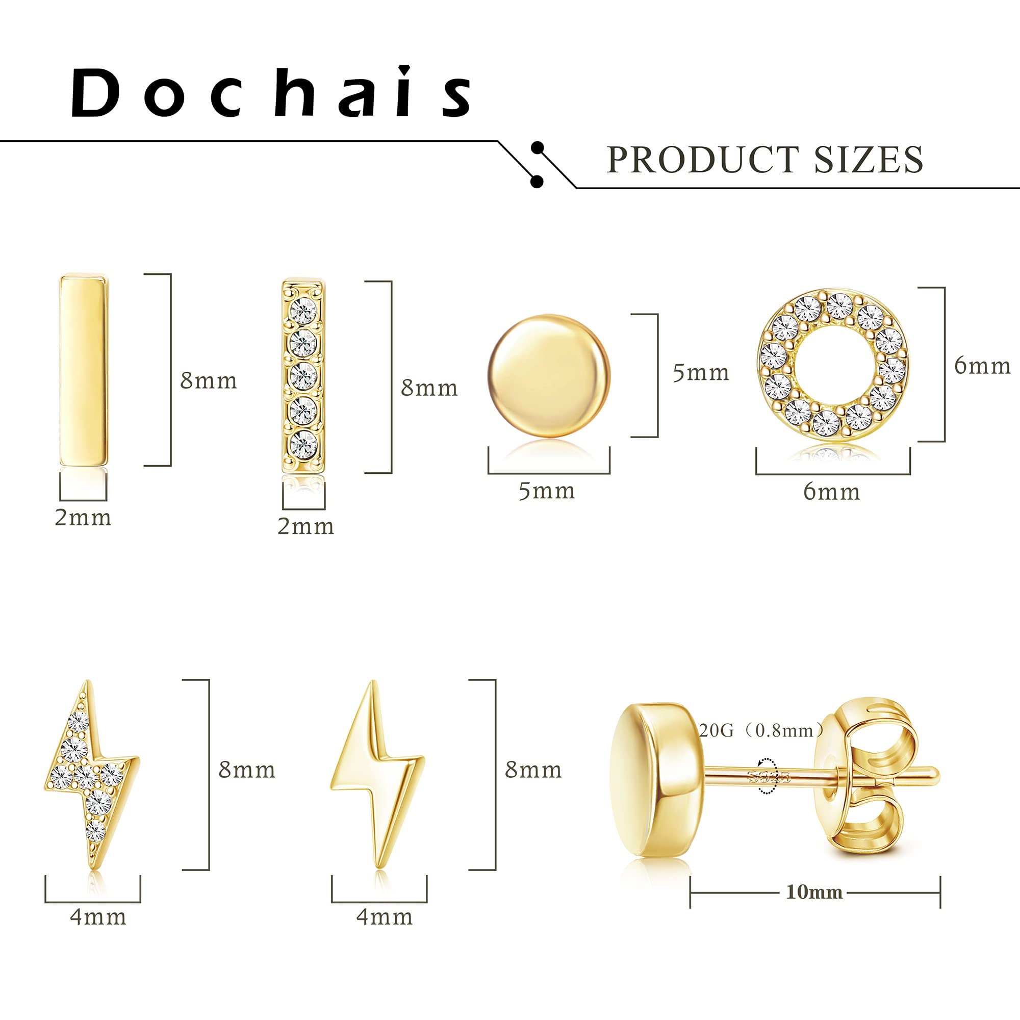 Dochais 6 Pairs Sterling Silver Stud Earrings for Women Men,14K Gold Plated Small Stud Earrings, Hypoallergenic Tiny Lightning Bolt Bar Circle CZ Stud Earrings Set