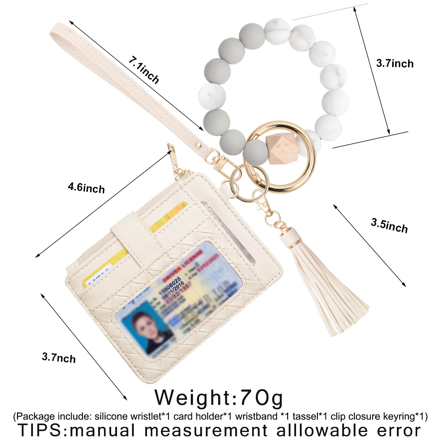 COOLANS Wristlet Bracelet Keychain Pocket Credit Card Holder Purse Tassel Keychain Bangle Key Ring for Women (Silicone Bead Bracelet+Card Purse (Creamy white))