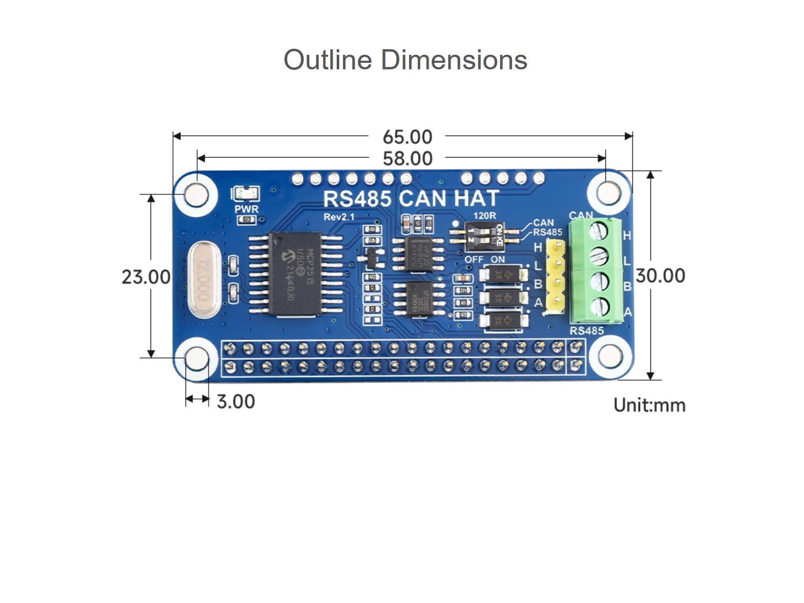 RS485 CAN HAT for Raspberry Pi 4 3/2/1 Model B B+ A+, Onboard CAN Controller MCP2515 via SPI Interface, Transceiver SN65HVD230 and SP3485, Allow Long-Distance Communication via RS485/CAN Function