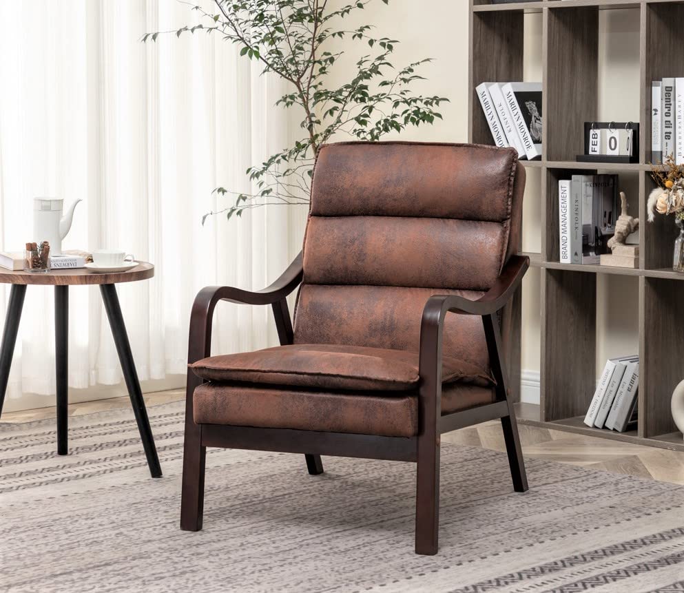 Container Furniture Direct Mid Century Modern Accent Chair for Living Room, Bedroom or Office, Retro-Styled Armchair with Solid Wood Frame and Plush Cushioning, Spotted Microfiber, Brown