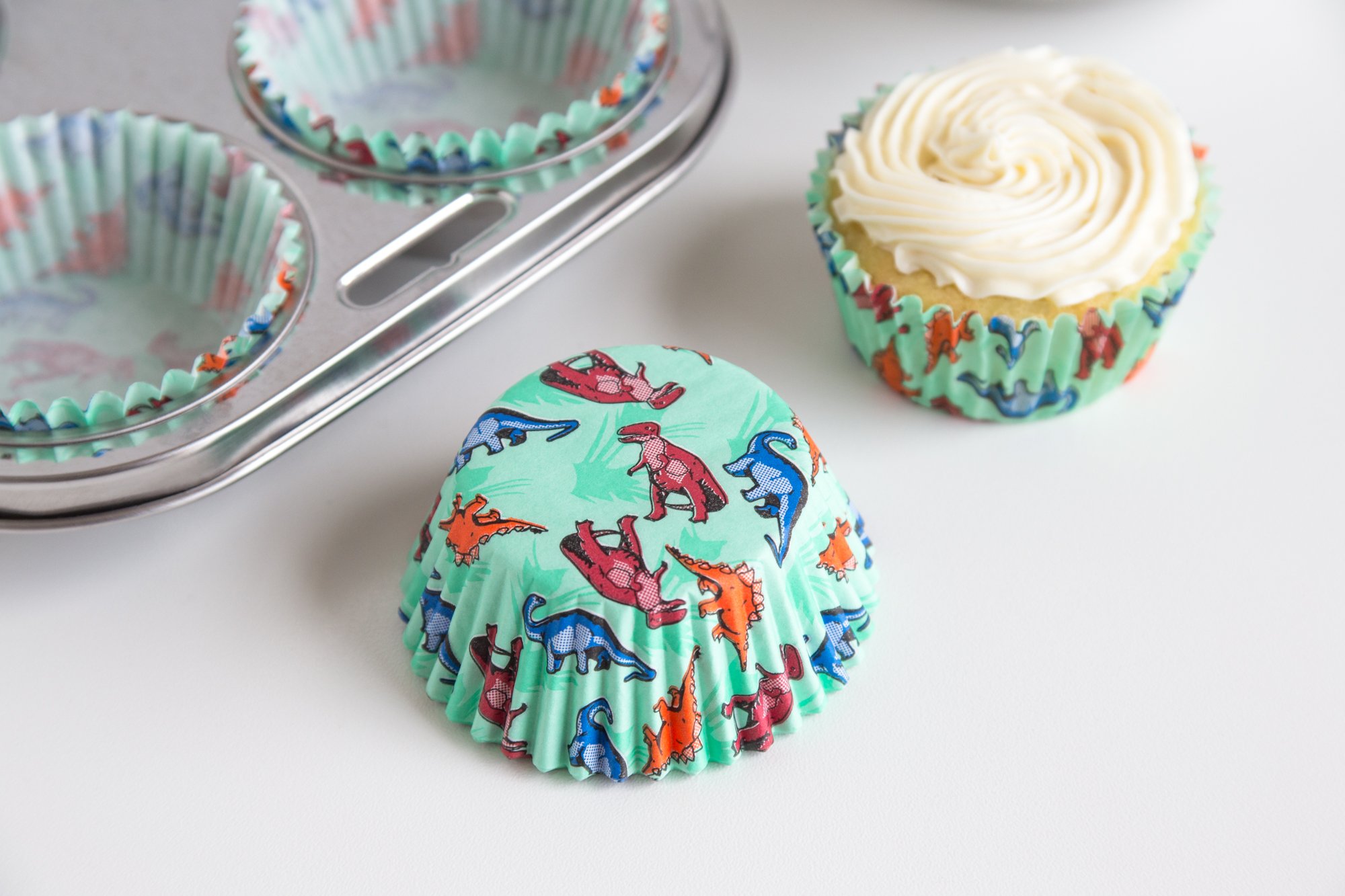 Fox Run Dinosaur Disposable Bake Cups (Pack of 50), 3 x 3 x 1.25 inches, Green