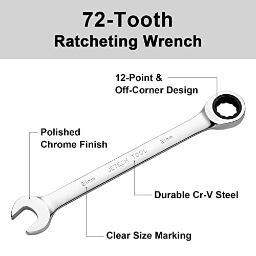 Jetech 21mm Ratcheting Combination Wrench, Industrial Grade Gear Spanner with 12-Point Design, 72-Tooth Ratchet, Made with Forged and Heat-Treated Cr-V Steel in Chrome Plating, Metric