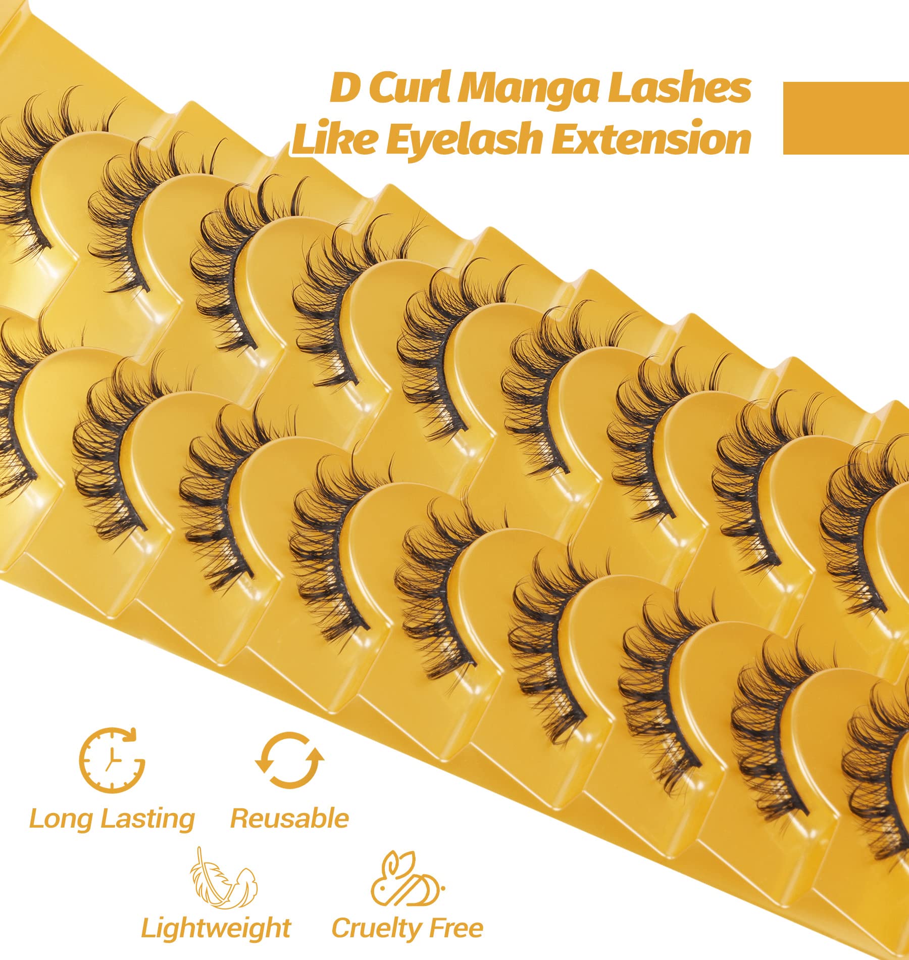 Manga Lashes Natural Look Wispy Fasle Eyelashes Anime D Curl Lashes that Look Like Extensions Spiky Natural Cosplay Russain Strip Lashes Soft Handmade Lashes Pack