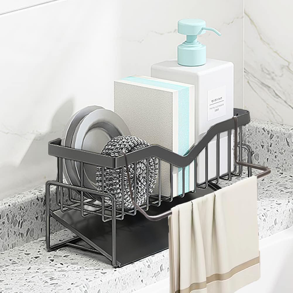 DMJWAN Kitchen Sink Caddy Organizer, 304 Stainless Steel Sponge Holder Sink Caddy with Auto Drain Tray, Holds Sponge, Dish Soap Dispenser, Cleaning Towel, Scrubber, and Utensils