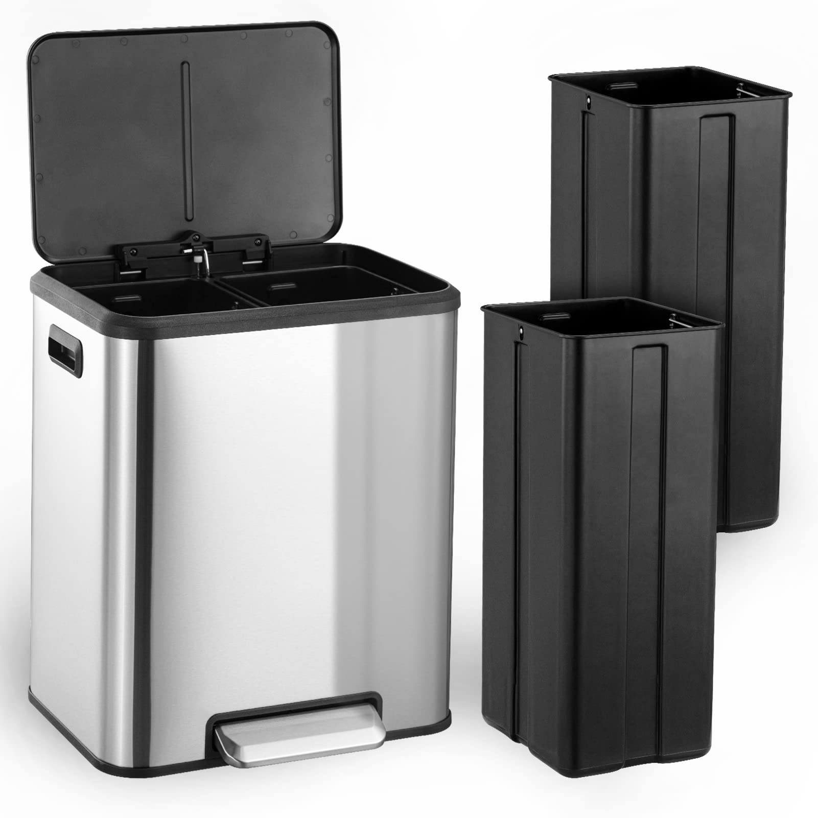 CREATIVE HOBBIES Dual Trash Can,Stainless Steel 2 x 4 Gal (2 x 15L) Garbage Can,Dual Compartment Step Trash Can Steel Pedal Recycle Bin with Two Removable Liner Buckets