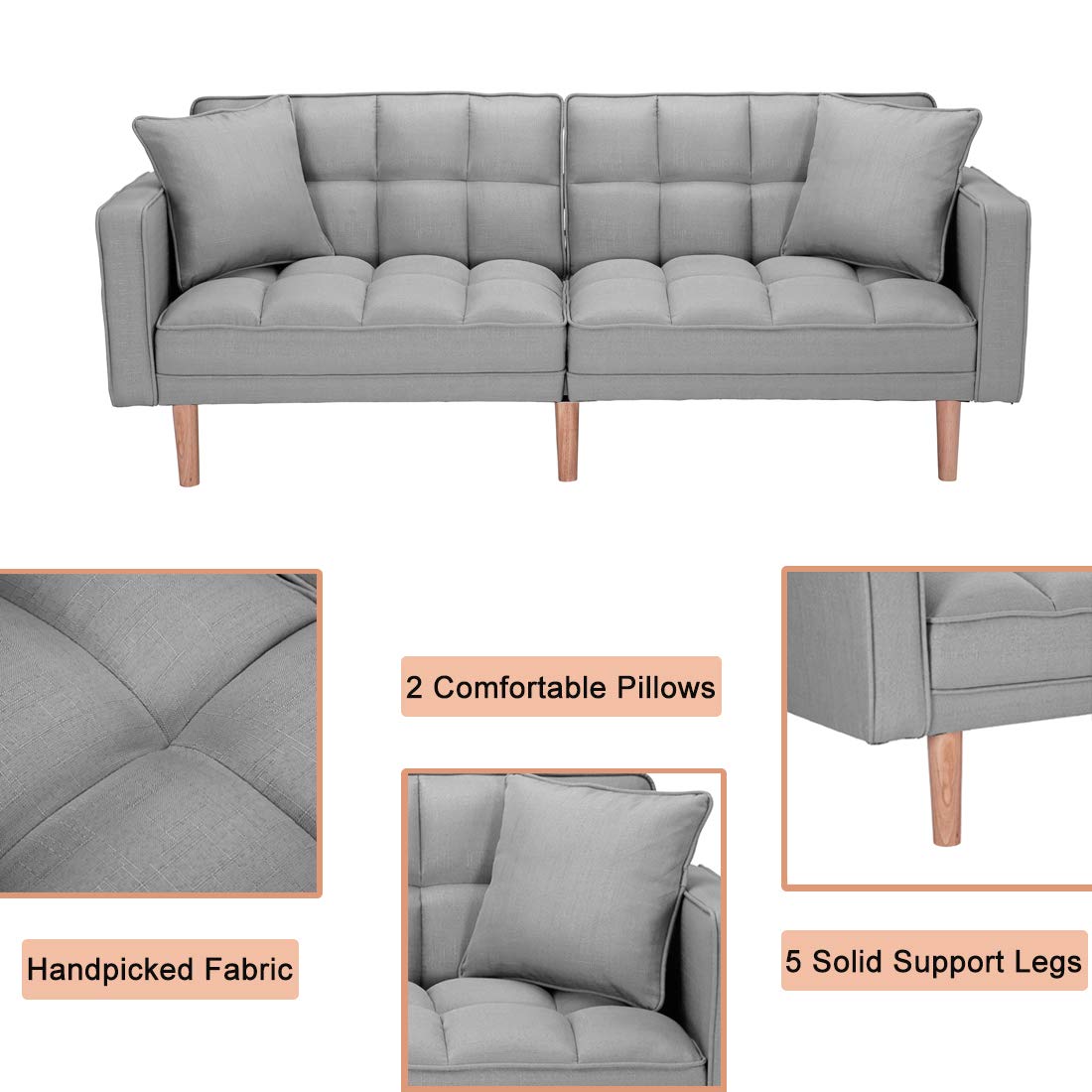 SLEERWAY Modern Futon Sofa Bed, Convertible Sleeper Sofa with Armrests and 2 Pillows, Recliner Couch with 5 Solid Wooden Legs, Twin Size Sofa for Living Room Handpicked Fabric (Light Grey)