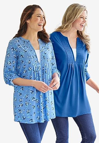 Woman Within Women's Plus Size 7-Day Box-Stitched Split Neck Tunic - 22/24, Black