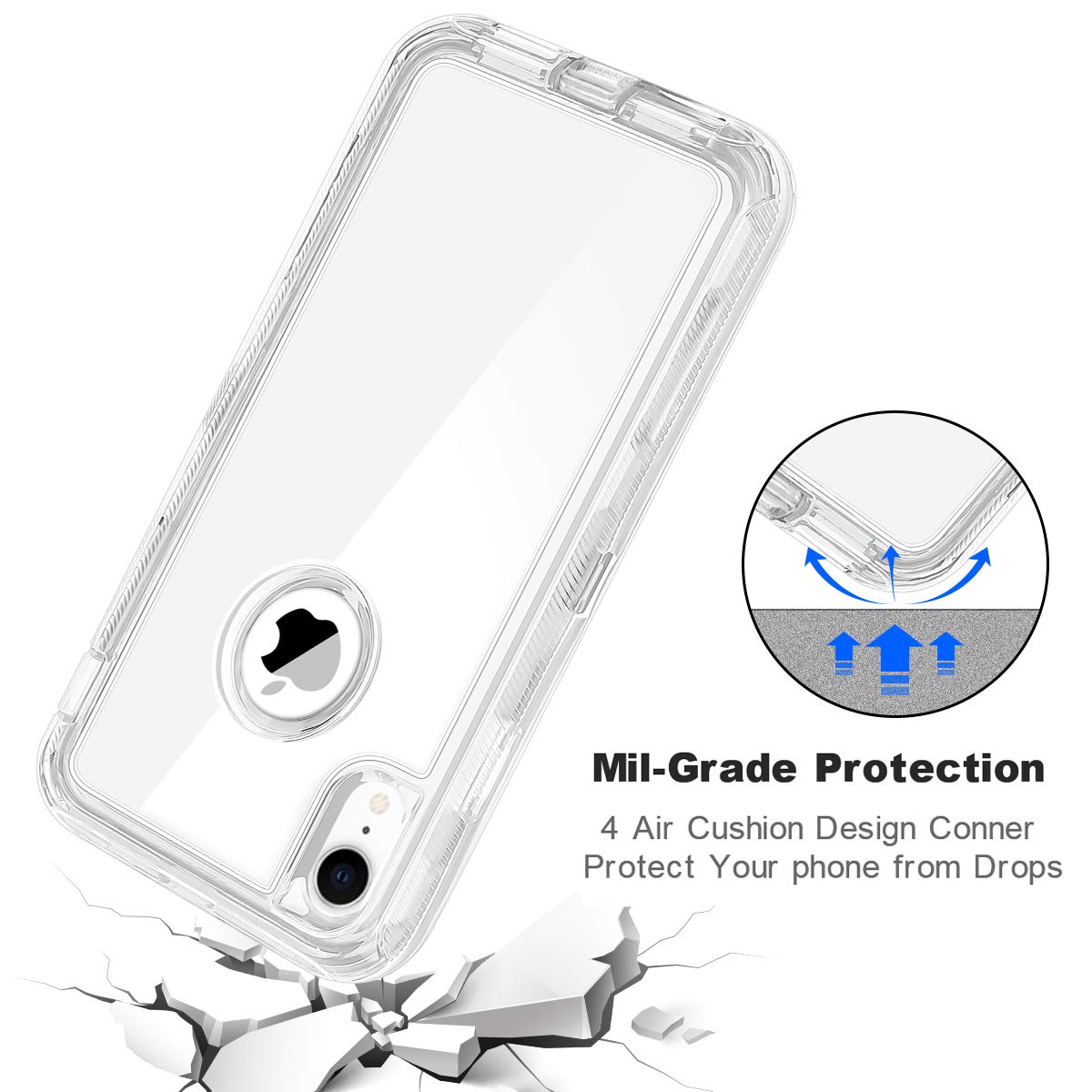 Coolden Hybrid Clear Phone Case for iPhone XR 6.1 Inches, Heavy Duty Protective Dual Layer Shockproof Case with Hard PC Bumper Soft TPU Back for 2018 Release Apple iPhone XR 10R, Transparent