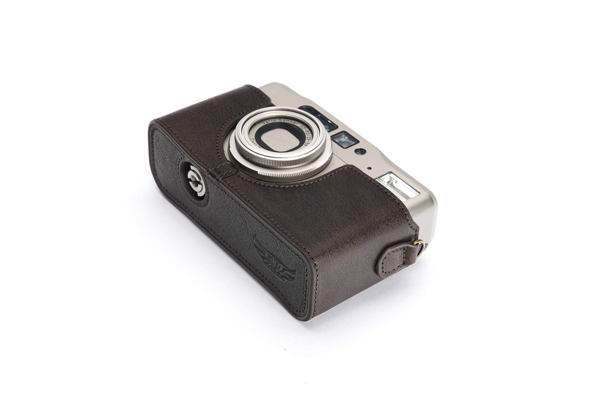 Contax TVS II Case, BolinUS Handmade Genuine Real Leather Half Camera Case Bag Cover for Contax TVS II Camera with Hand Strap (Coffee)