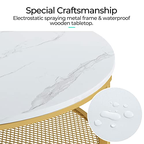 LINSY Home Round Coffee Table Set of 3 for Living Room, Modern Coffee Table with Open Storage, Wood Surface Top & Sturdy Metal Legs Large Circle Coffee Table, White and Gold