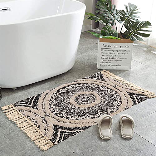 Seavish Tufted Cotton Rug, 2X3 Black Mandala Boho Rug, Hand Woven Bohemian Throw Rugs, Shag Accent Fringe Tassel Rug for Bedroom Bedside Kitchen, Laundry Room Rug
