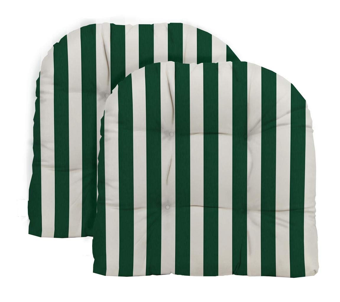 RSH DECOR: Tufted U-Shape Wicker Seat Cushions Set of 2 | 19” x 19” | All-Weather Spun Fabric | Water-Resistant | Outdoor Chair Cushions for Patio Furniture | Hunter Green & White Stripe