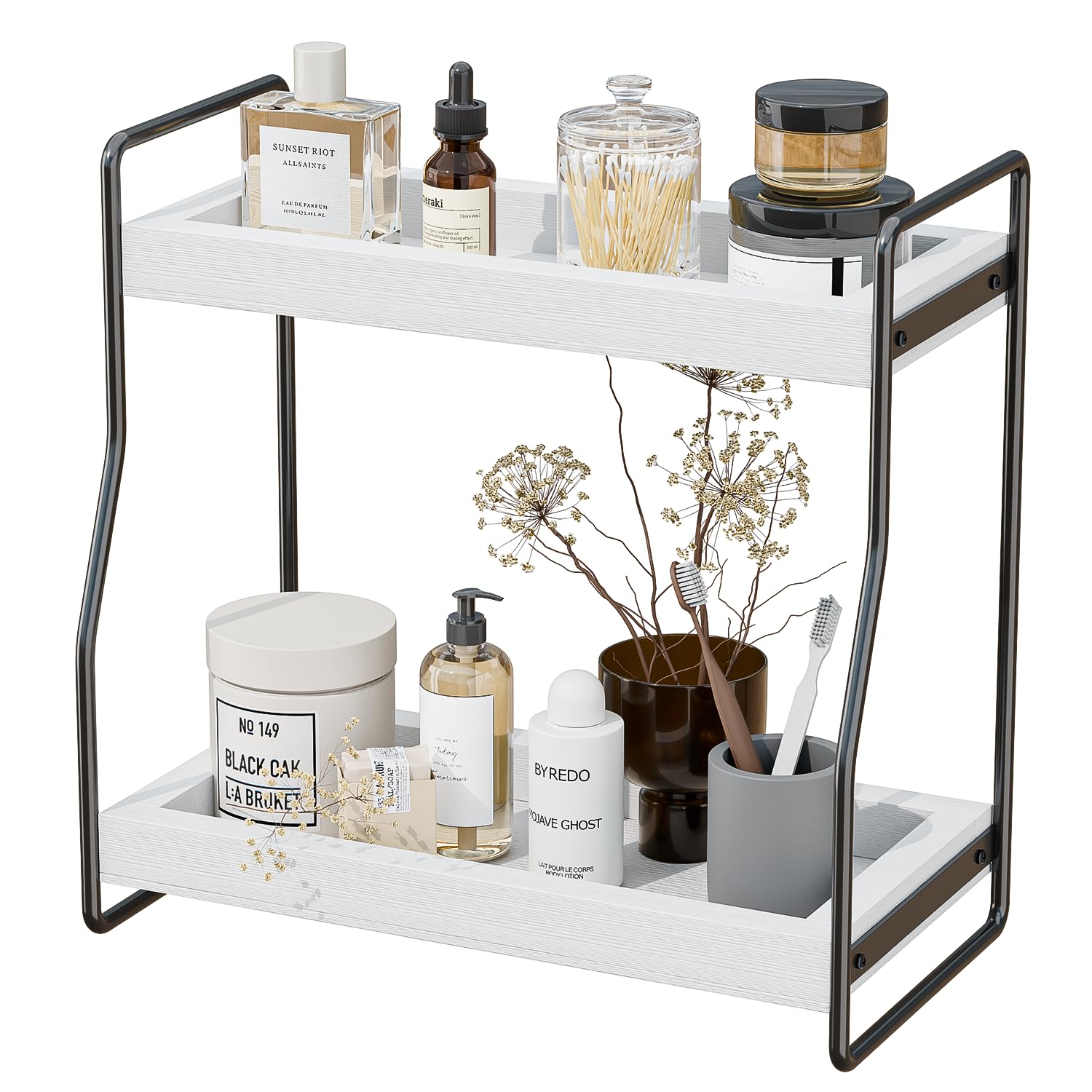 Messmenos Bathroom Organizer Countertop, 2 Tier Solid Wood Vanity Counter Storage Tray, Wooden Stand Organization Shelf for Kitchen&Coffee Bar, Storage Rack for Makeup Perfume Skincare (White)
