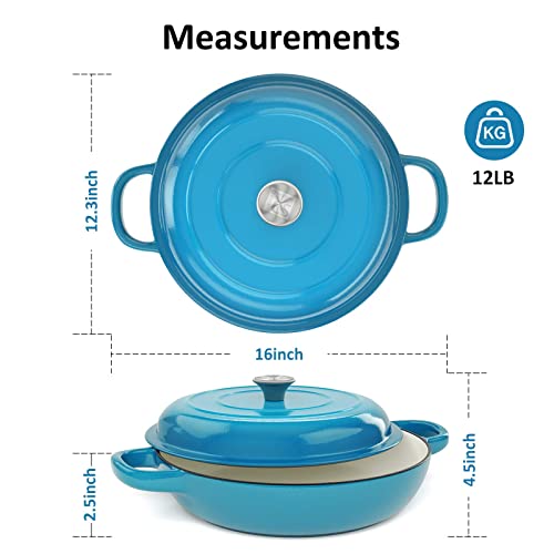 Enamel Cast Iron Casserole Dish with Lid --CSK Cast Iron Braiser Pan with Porcelain Coating, 4 QT Enameled Cast Iron, Steel Knob Cover & Double Loop Handles, Cast Iron Casserole Dish, Card Blue.