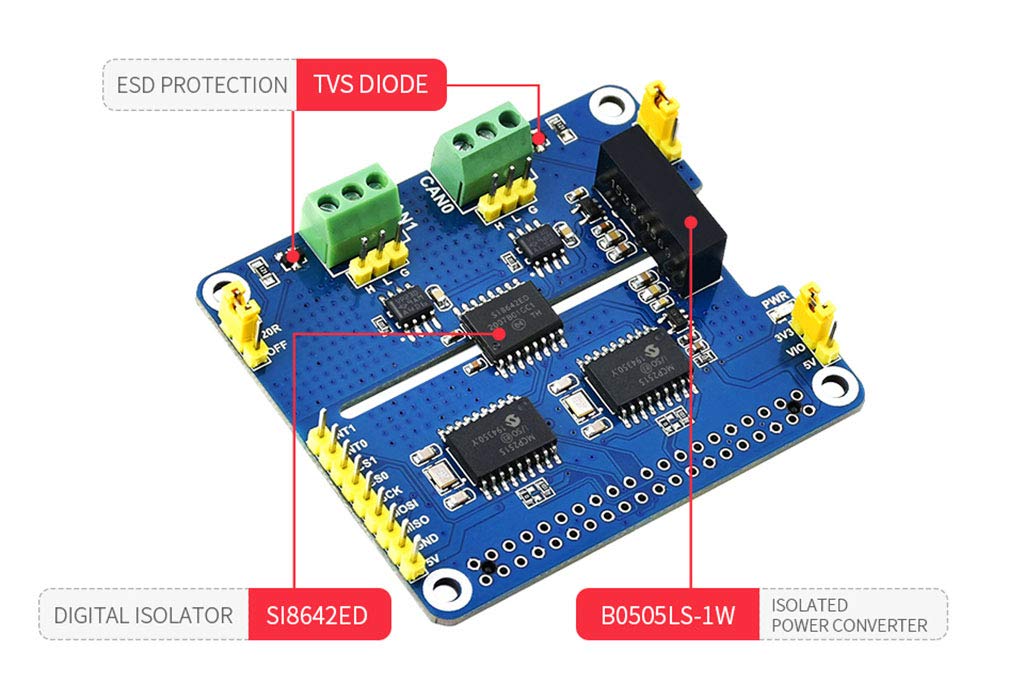 Coolwell Waveshare 2-Channel Isolated CAN Bus Expansion HAT for Raspberry Pi Series Boards MCP2515 + SN65HVD230 Dual Chips Solution Multi Allows 2-CH CAN Communication