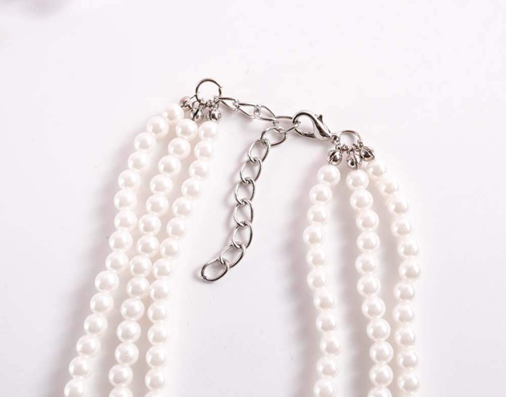 Daimay Simulated Pearl Chokers Multi-Layer Pearl Necklace Multi-Strand Pearl Statement Bridal Choker Necklace for Wedding Party Jewelry 20s Flapper Necklace for Party with Earring -White