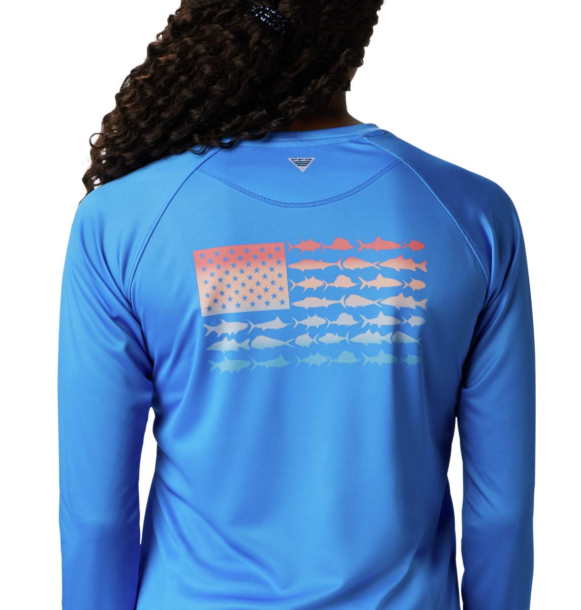 Columbia Women's Standard Tidal Tee PFG Fish Flag LS, Stormy Blue/Lychee Gradient, Large