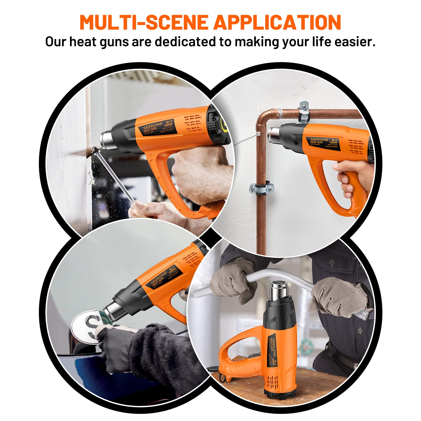 SEEKONE Heat Gun 1800W Heavy Duty Hot Air Gun Kit Variable Temp Control with 2-Temp Settings 7 Accessories 140℉-1112℉(60℃- 600℃)with Overheat Protection for Crafts, Shrinking PVC, Stripping Paint