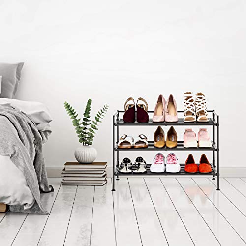 Seville Classics Sturdy Freestanding Storage Shelf for Bedroom, Closet, Entryway, Dorm Room Organizer, Stackable Durable Metal Shoe Rack, Ash Gray Slat, 3-Tier