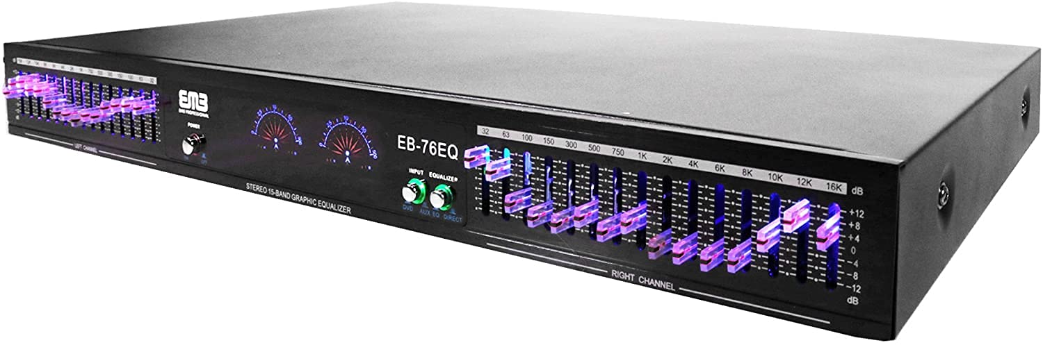 EMB EQ76 19'' Rack Mount Dual 15 Band 4 Input Stereo Graphic Equalizer Pro DJ with 2 RCA line input and output, Removable Rack Mount Brackets and 110V/220V Switchable Power Source