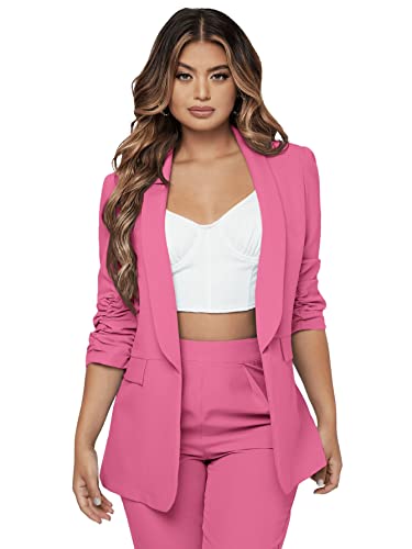 SweatyRocks Women's 2 Piece Solid Ruched Sleeve Blazer and Pants Business Office Suit Set Hot Pink L