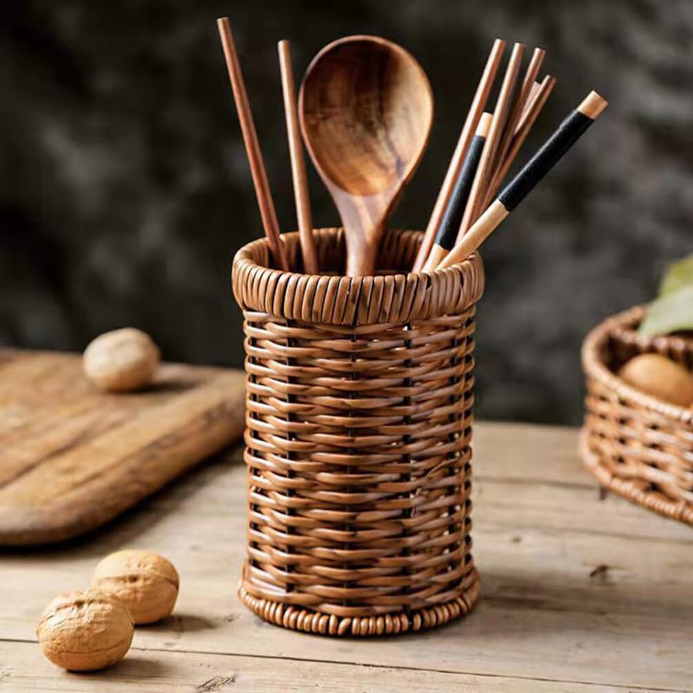 Didiseaon Silverware Utensil Holder Organizer Countertop Flatware Holder Woven Storage Basket Woven Cutlery Organizer Countertop Utensil Basket Imitation Rattan Basket Iron Chopsticks