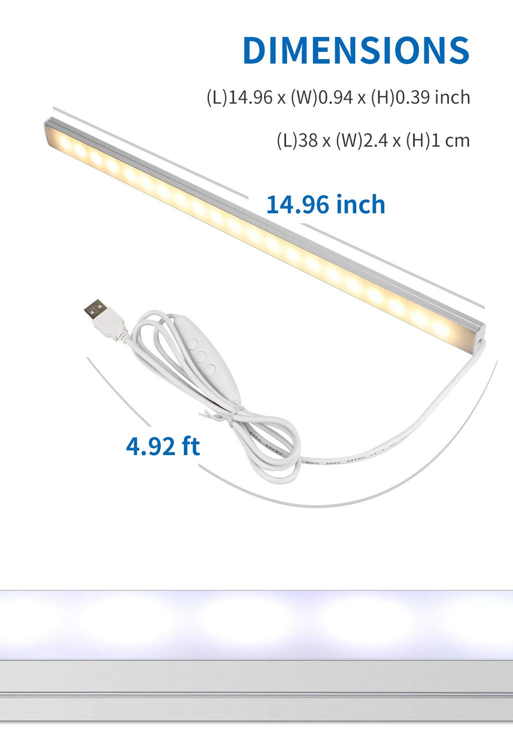 Dimmable LED Under Couter Lighting 3 color Temperature, 6th levels Brightness and Stepless Dimming, White Light Nature Light Warm Light, USB Powered LED Light Bar
