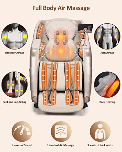 RELX Massage Chair Full Body Zero Gravity SL-Track Shiatsu Massage Chair, 12 Modes, Airbag Massage, with Yoga Stretch, Foot Massage, AI Control(Cream)
