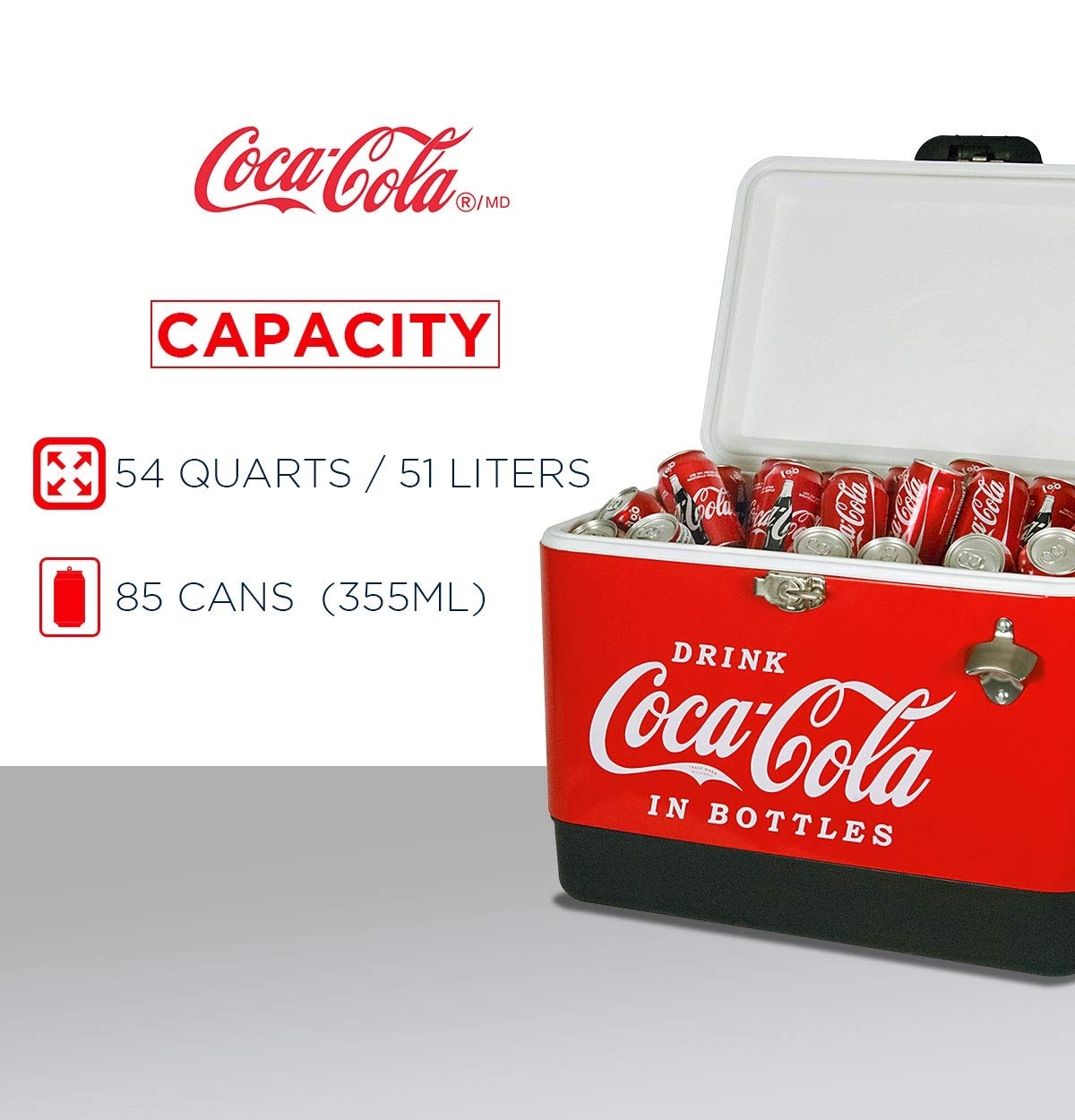 Coca-Cola Ice Chest Beverage Cooler with Bottle Opener, 51L (54 qt), 85 Can Capacity Portable Cooler, Red and Black, for Camping, Beach, RV, BBQs, Tailgating, Fishing