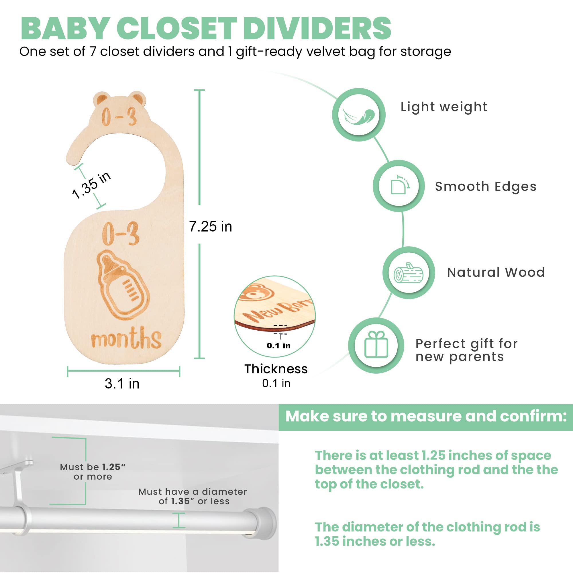 RubyRoo Baby Closet Dividers - Nursery Closet Organizer Hangers for Baby Clothing - Premium Wood Infant Size Age Hanging Closet Organizer - Kid Closet Decor - Engraved Style