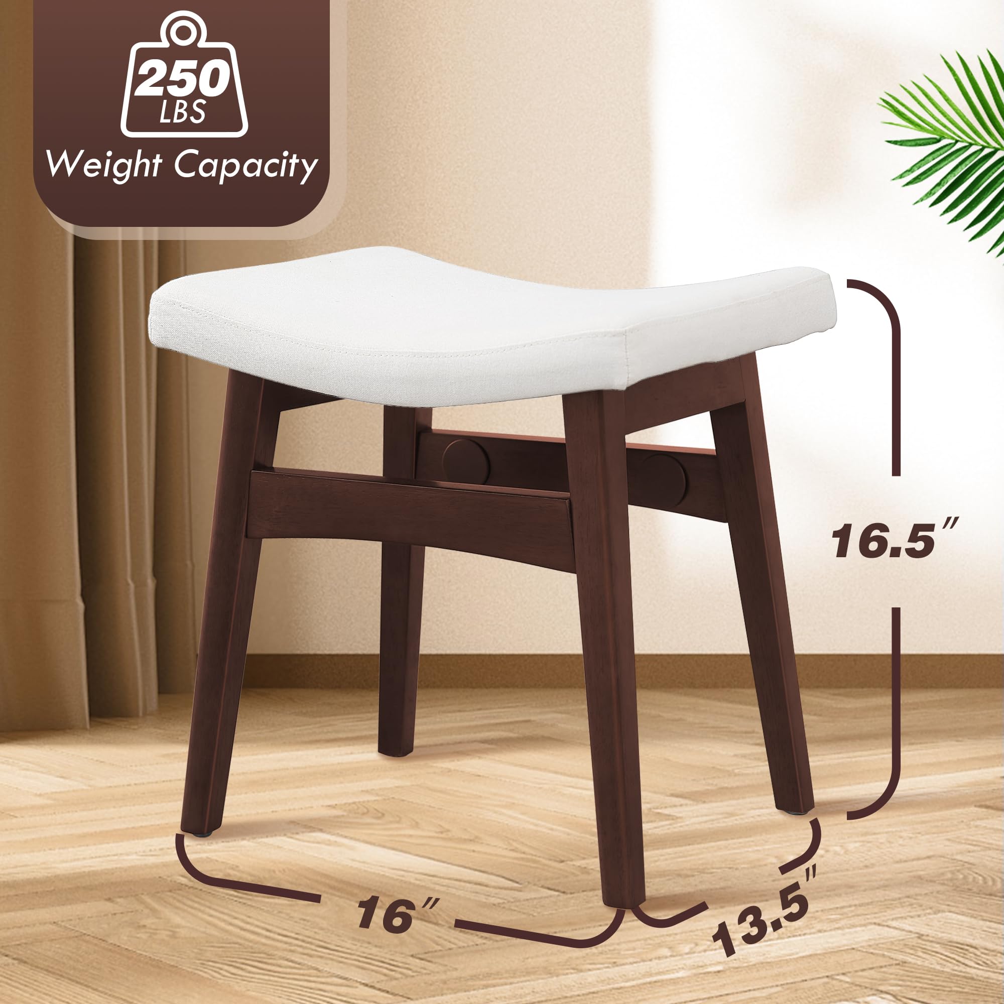 COSTASKF Vanity Stool, Saddle Cushion Foot Stool, Modern Vanity Bench Ottoman with Solid Wood Legs and Upholstered Seat for Entryway, Bedroom,Walnut Color Leg - White Linen Fabric Cushion