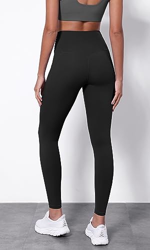 ODODOS Women's Cross Waist Full Length Yoga Leggings with Pockets, Inseam 28" Gathered Crossover Workout Yoga Pants, Black, Medium