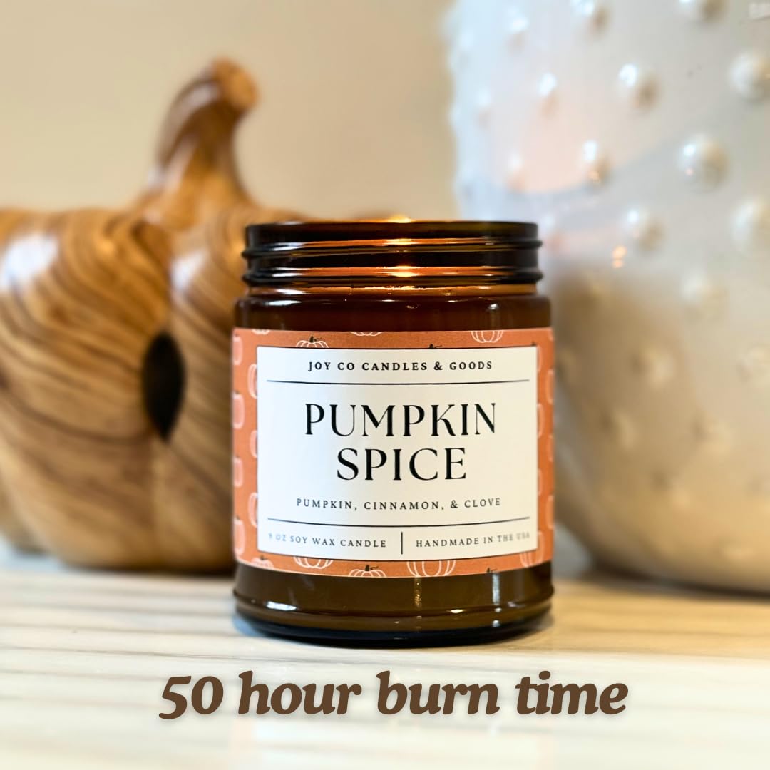 JOY CO Candles & Goods Fall Candle, 9 oz Soy Wax, Pumpkin Spice Scent, 50-Hour Burn Time, Amber Glass Jar