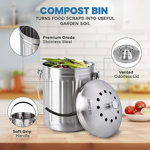 Compost Rite Stainless Steel Compost Bin for Kitchen - 1.3 Gallon, Indoor Countertop Compost Bin, Kitchen Compost Bucket with Lid & Carrying Handle, Odor-Free Compost Pail for Food Waste