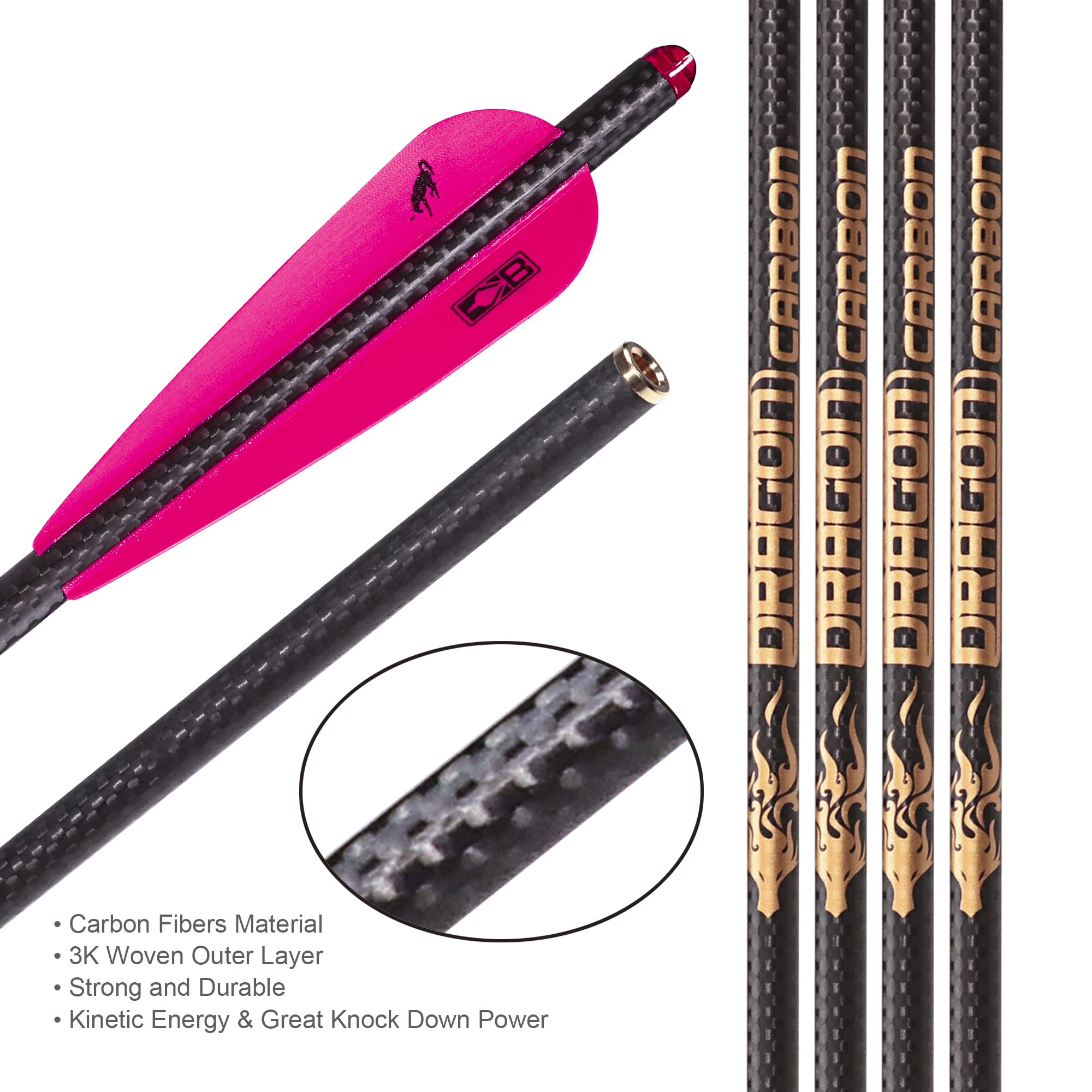 DRAGON CARBON Crossbow Bolt 20-Inch with 3K Woven Outer Layer, ID 0.3-Inch GPI 10 gr/in, Include 4-Inch Bohning Vanes and Halfmoon Nocks, 6-Pack