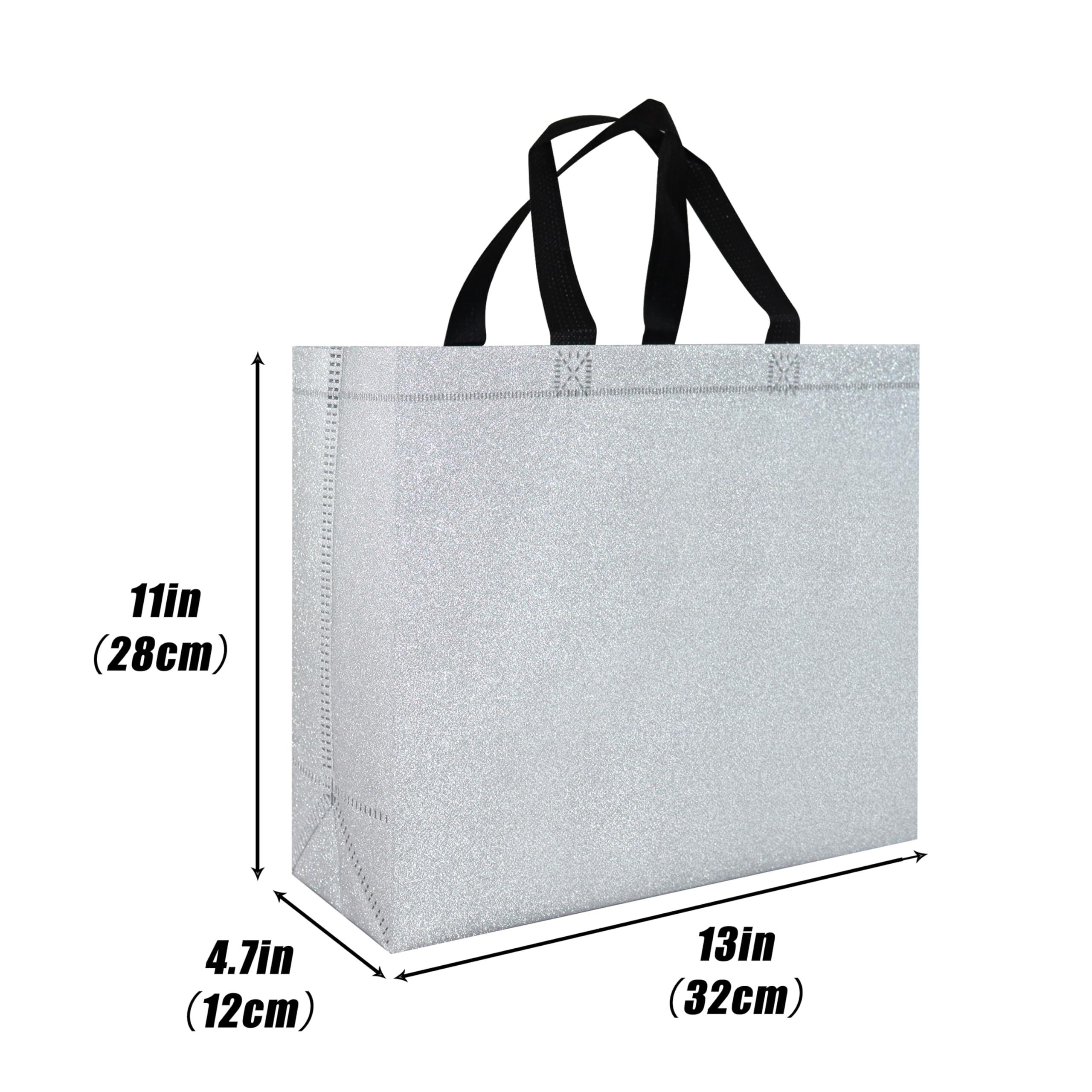 CHENGBAI TOTE Silver Reusable Gift Bags 12 Pcs, Holiday glitter bag Bulk with Base, Flashing Non Woven Gift Bags for Gift Wrapping, Birthdays, Weddings, Party, Christmas