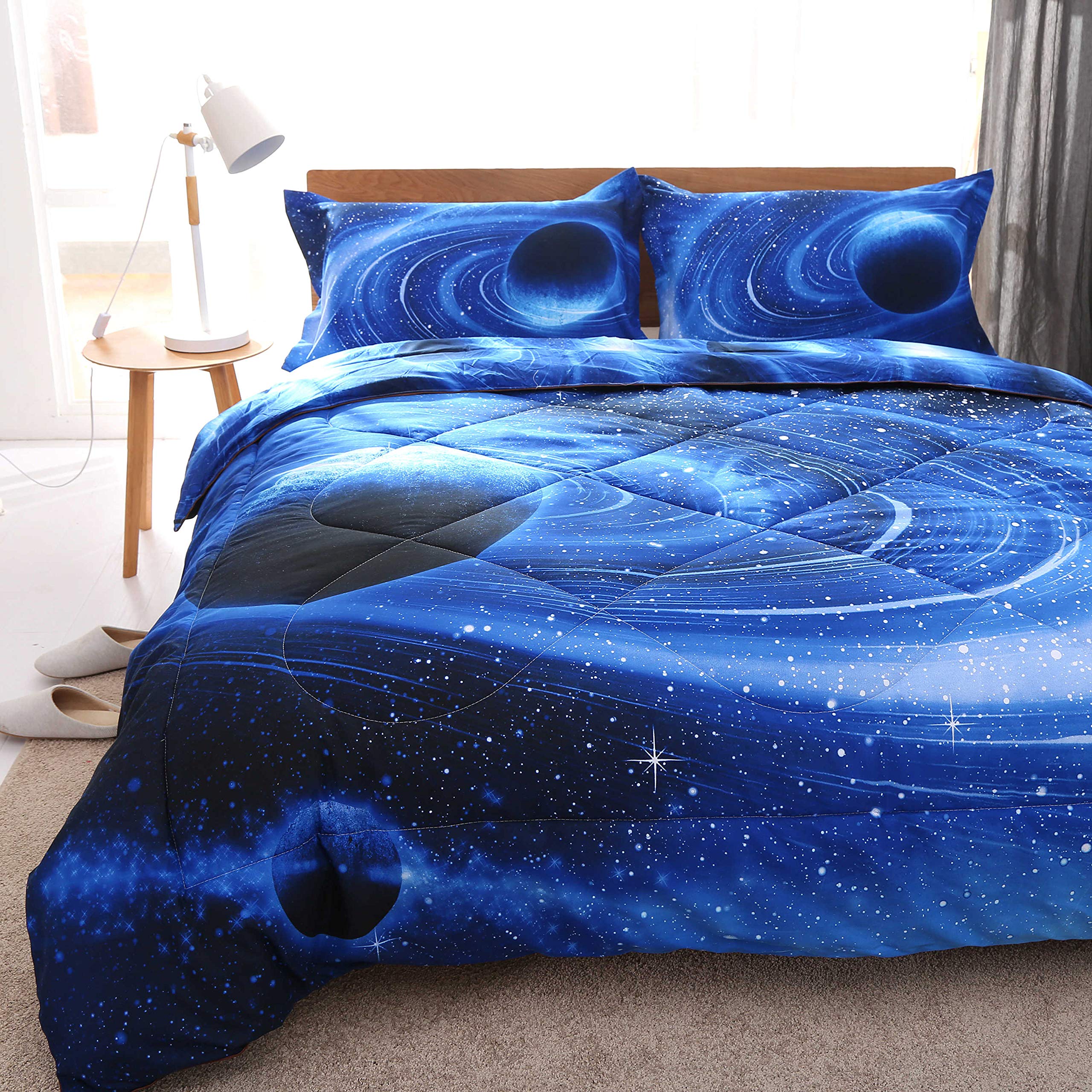 DECMAY Blue Space Bedding Kids 3D Galaxy Comforter Set with Bedroom Pillow Cover Super Soft Fabric Starry Sky Quilt Gift for Boys and Girls Twin (1Comforter&2Pillow Shams)