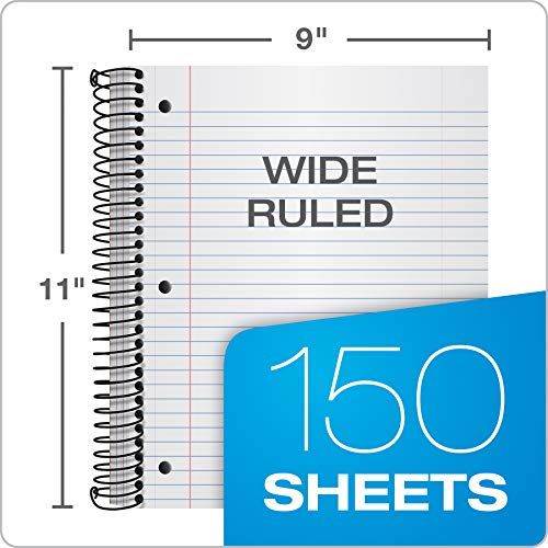 Oxford Spiral Notebook 3 Pack, 3 Subject, Wide Rule, Durable Plastic Covers, Strong Coil, 3 Pockets, 8.5 x 11, 150 Sheets, Red, Green, Blue (89804)