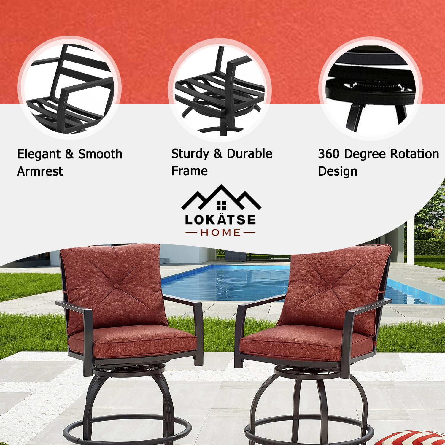 LOKATSE HOME Patio Height Set of 2 Outdoor Swivel Bar Stools with Seat and Back Cushions, 2 Chairs, Red